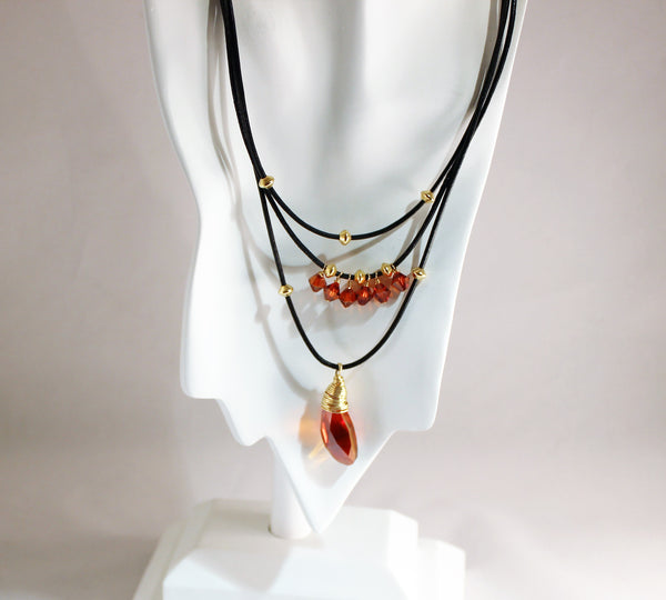 Red Magma Swarovski Pendant and Crystals on Black Leather Necklace ...
