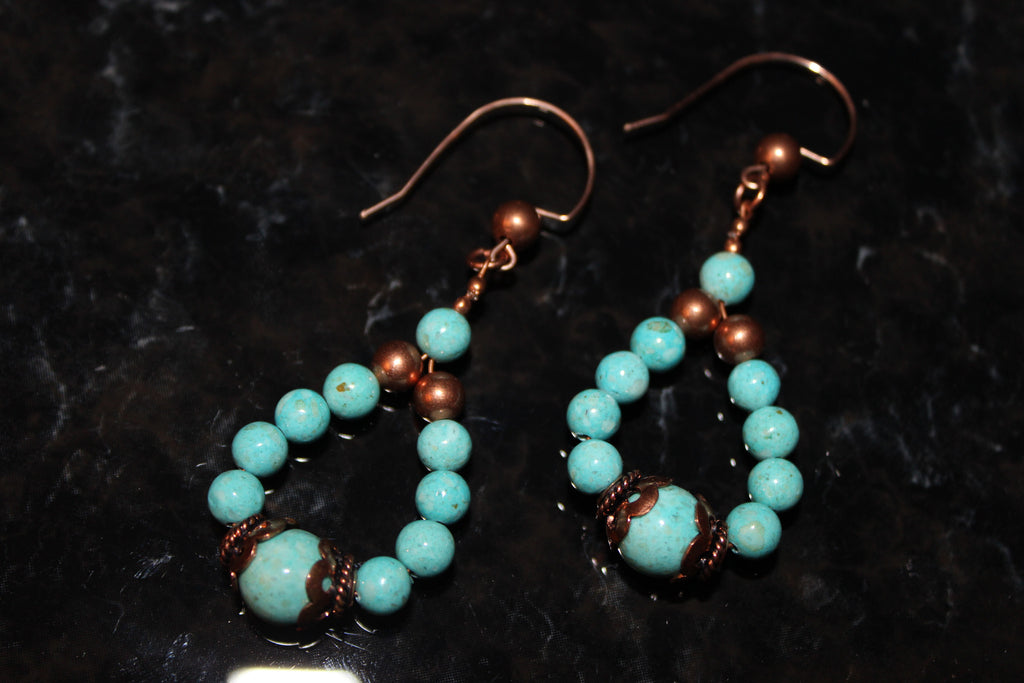 Turquoise Coral Fossil Riverstone Beads with Copper Earrings on Rose G ...